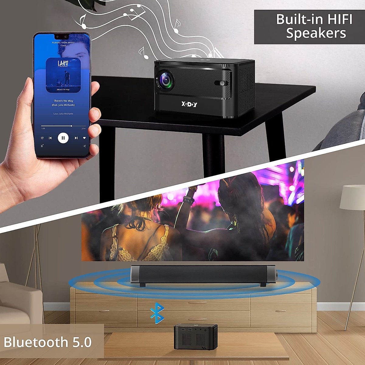 Autofocu Smart Projector with Android TV OS, Xgody A40 9000L Mini Projector with WiFi and Bluetooth, 1080P Support HD Home Theater Projector with Netflix 7000+APPs Bulit-in Hi-Fi Speaker and Remote