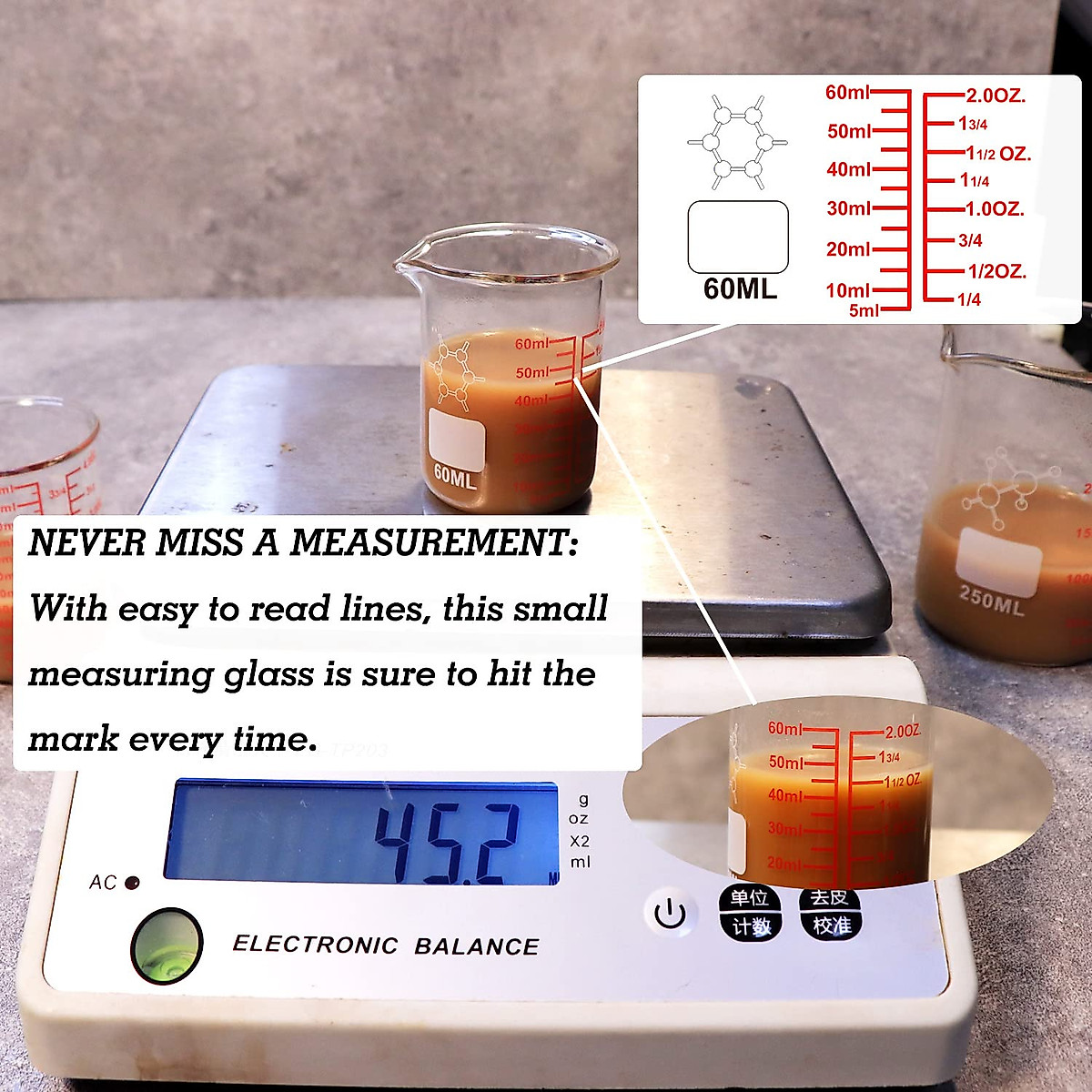 High Borosilicate Glass Measuring Cup Set-V-Shaped Spout，Includes 60ml(2OZ), 120ml(4OZ), and 250ml(8OZ) Glass Measuring Beaker for Kitchen or Restaurant, Easy to Read