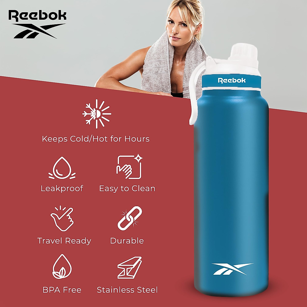 Reebok Stainless Steel Water Bottle With Athletic Design - Insulated Water Bottle 32 oz With Chug Lid - Double Wall Vacuum Insulated Sports Water Bottle, BPA Free (Blue)