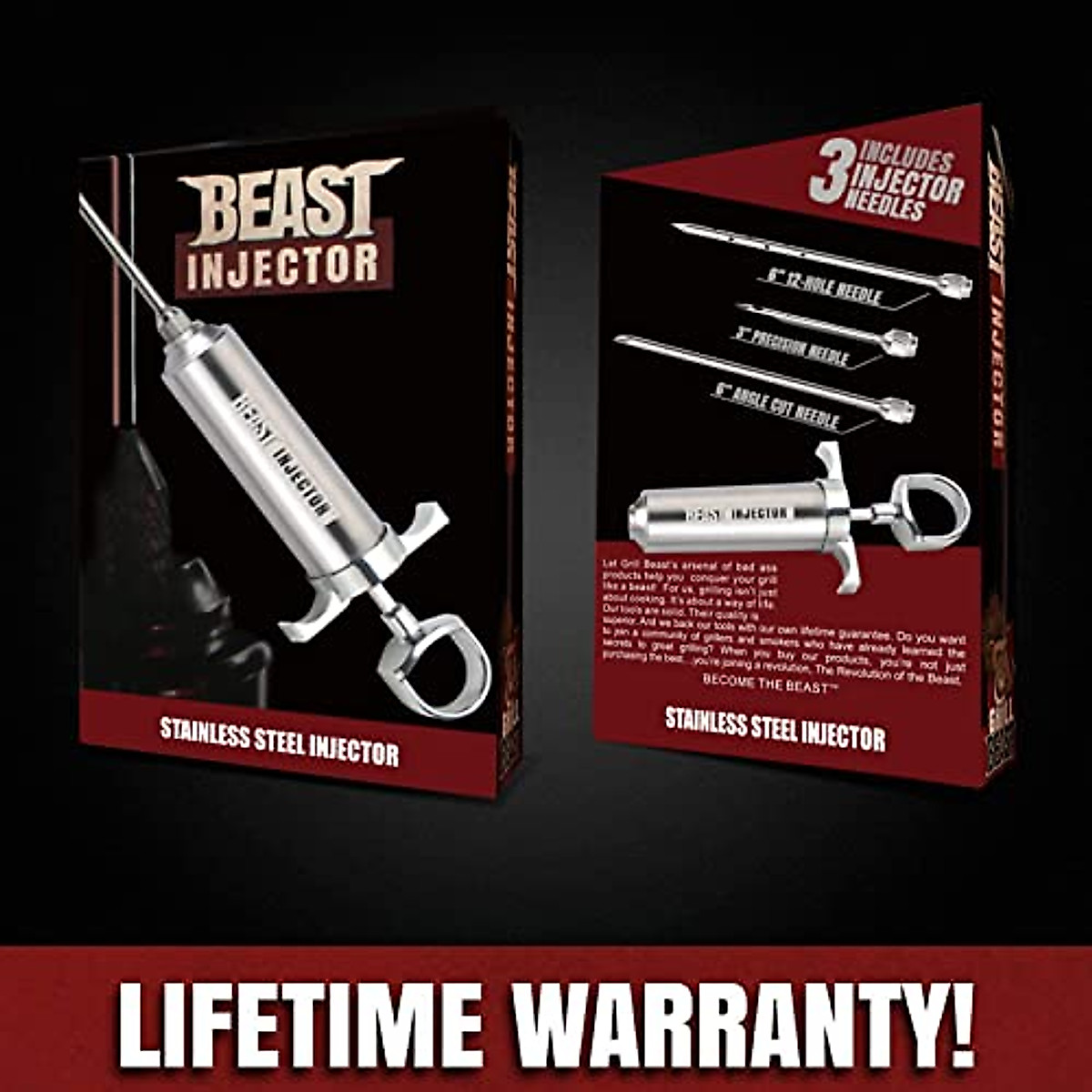 Grill Beast - 304 Stainless Steel Meat Injector Kit with 2-oz Large Capacity Barrel and 3 Professional Marinade Needles