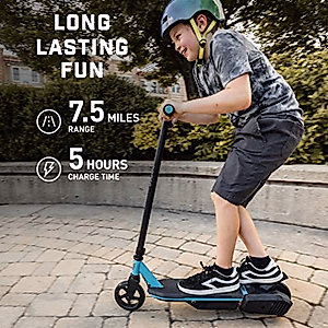 Mongoose React E1 Electric Kids Scooter, Boys & Girls Ages 8+ Max Rider Weight Up to 120lbs, Top Speed of 6MPH, Aluminum Handlebars and Frame, Rear Foot Brake, Battery and Charger Included, Blue/Black