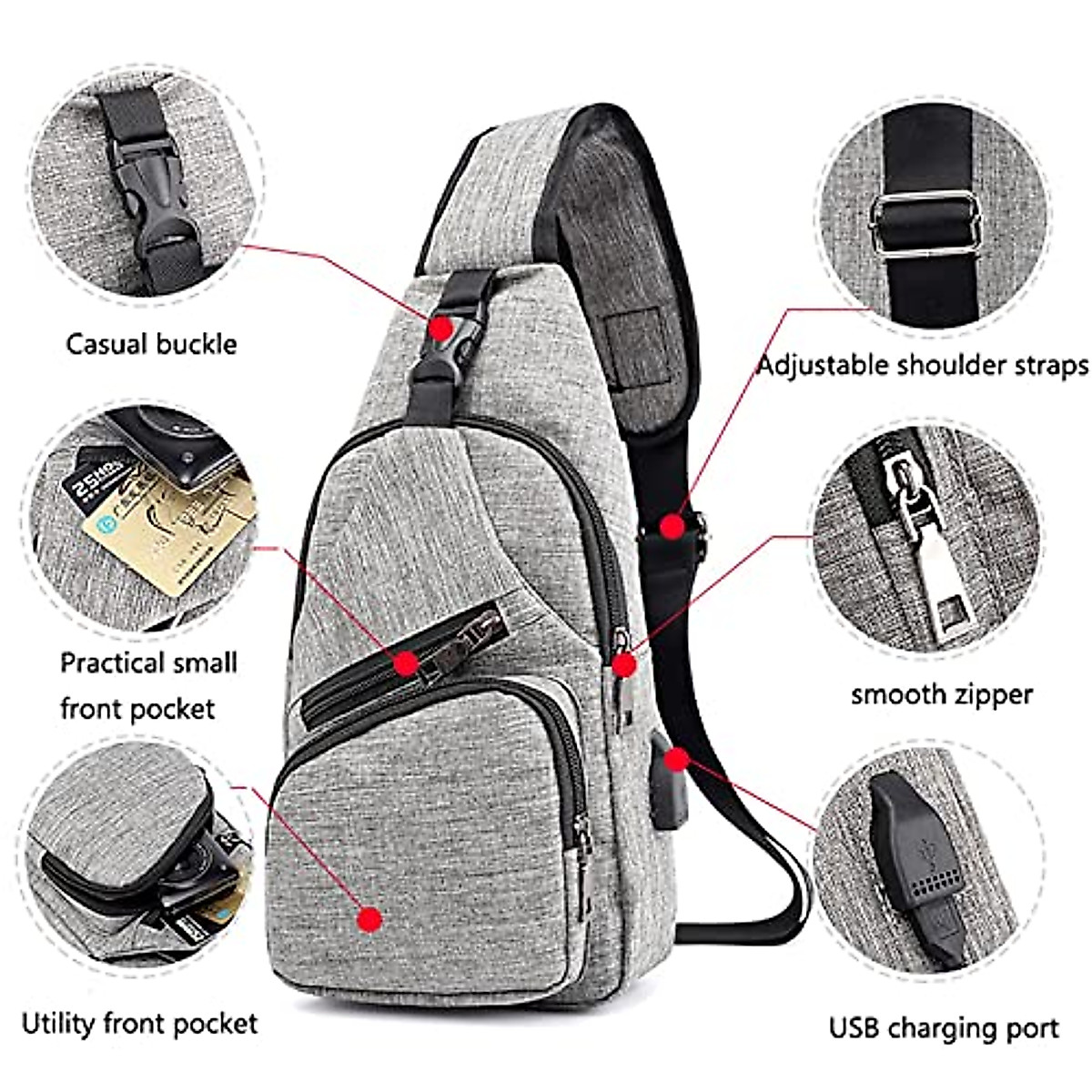 ULemeili Sling Backpack with USB Charging Port, Men Women Chest Crossbody Shoulder Bag Biking Hiking Cycling (Grey, One Size)