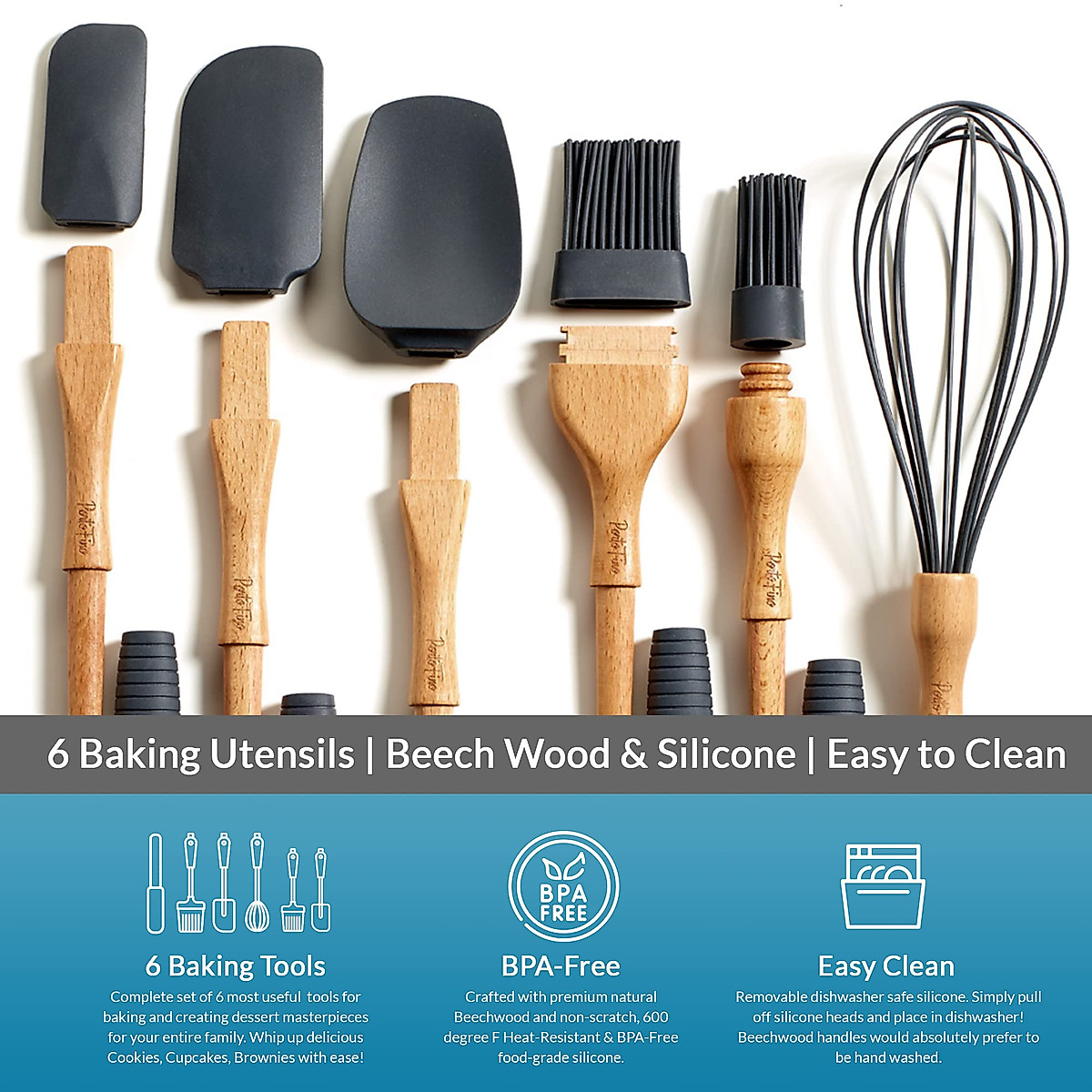 PortoFino Baking Set - Kitchen Utensils - 6 Pcs Silicone Kitchen Utensils Set - Kitchen Essentials with 3 Silicone Spatula 2 Pastry Brush 1 Whisk - Spatula Set - Mothers Day Gifts - Gifts for Women