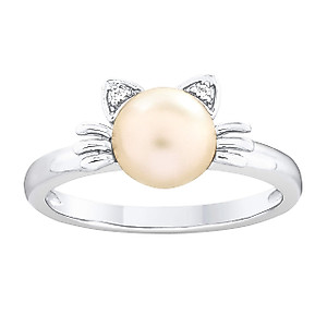 Lexi and Rose .925 Sterling Silver, 7.0mm White Freshwater Cultured Pearl & Lab Grown White Sapphire Kitty Cat Statement Ring - Size 9