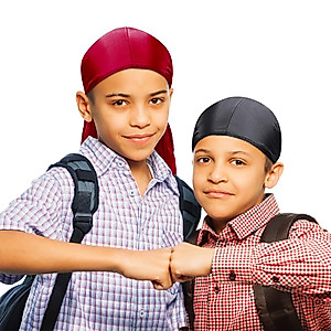 4 Pieces Baby Silky Durags with Long Tail and Wide Straps Kids Satin Durag Caps Child Headwraps for 360 Waves (Black, Wine Red, Green, Navy Blue)