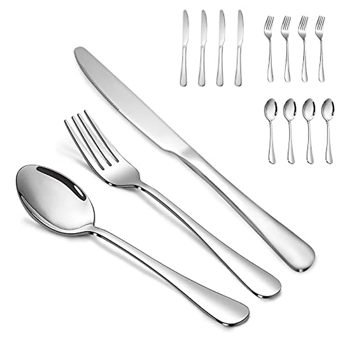 SANTUO Stainless Steel Knives Spoon Forks Set of 12, 4-Piece 9" Dinner Knives + 4-Piece 7.3" Table Spoons + 4-Piece 7.3" Salad Forks, Mirror Polished & Dishwasher Safe Silverware Set