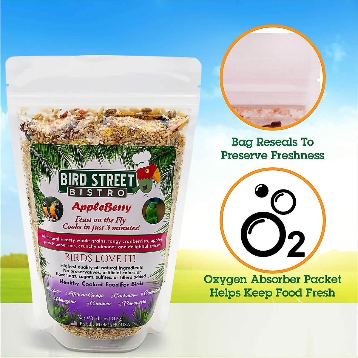 Bird Street Bistro Parrot Food Sample 4 Pack - Parakeet Food - Cockatiel Food - Bird Food - Cooks in 3-15 min w/Natural & Organic Grains - Healthy, Non-GMO Fruits, Healthy Orientated Spices