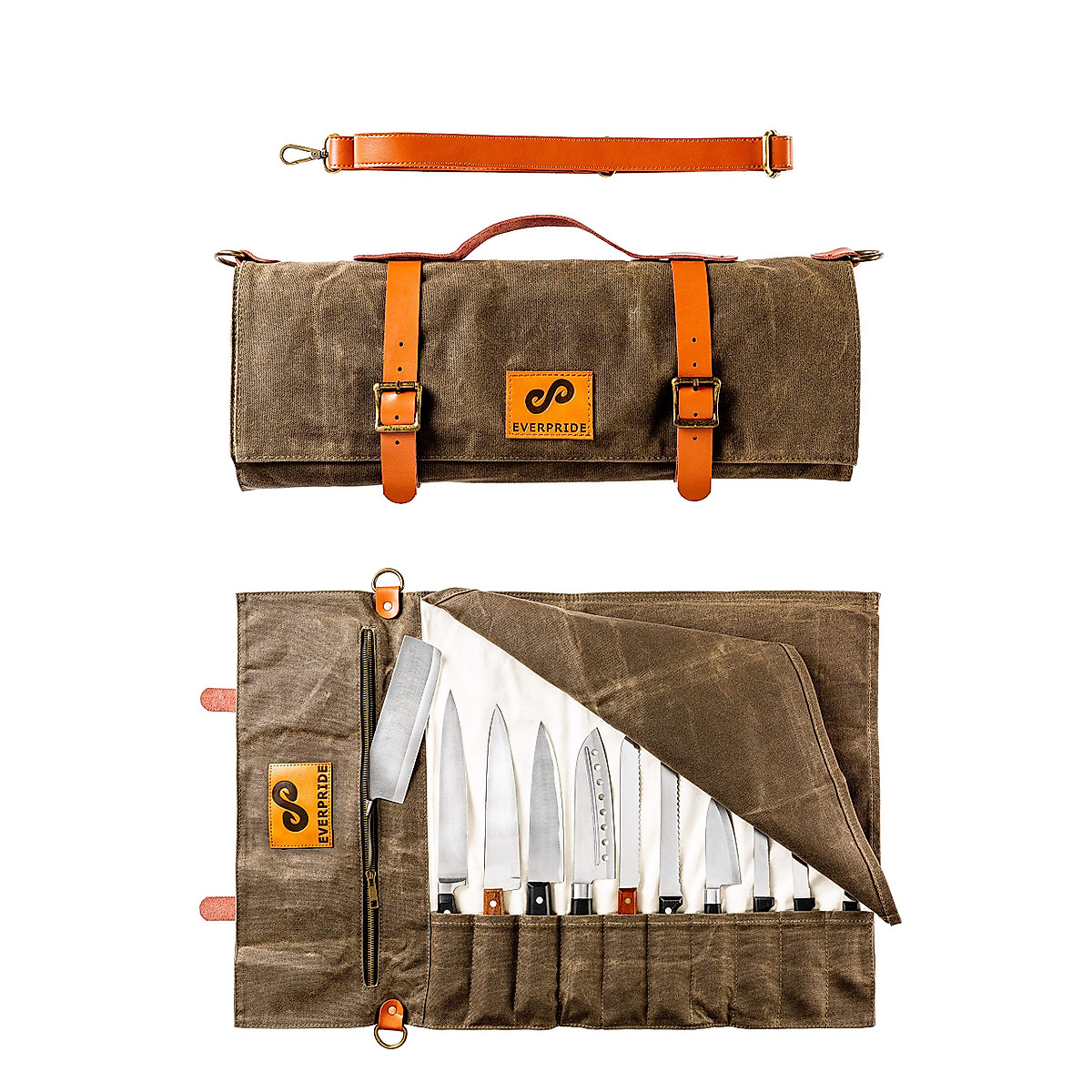 EVERPRIDE Canvas Knife Roll Bag Stores 10 Knives up to 19" PLUS Zipper for Kitchen Tools – Durable Knife Carrying Case for Professional Chefs and Culinary Students – Knives Not Included