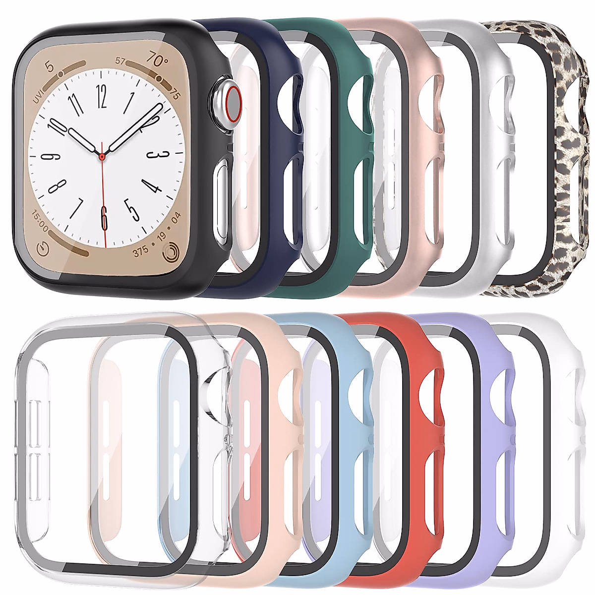 HASDON [12 Pack] Case Compatible with Apple Watch Series 9 8 7 45mm with Tempered Glass Screen Protector, Full Coverage Bumper Hard PC Protective Cover for iWatch Series 9 8 7 45mm Accessories