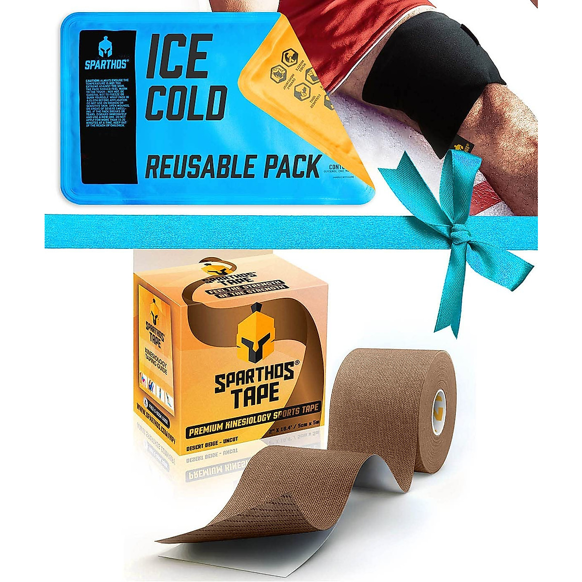 Sparthos Kinesiology Tape [Mountain Brown - 16.4ft Uncut Roll] x Ice Packs for Injuries [Size Medium + Cover]