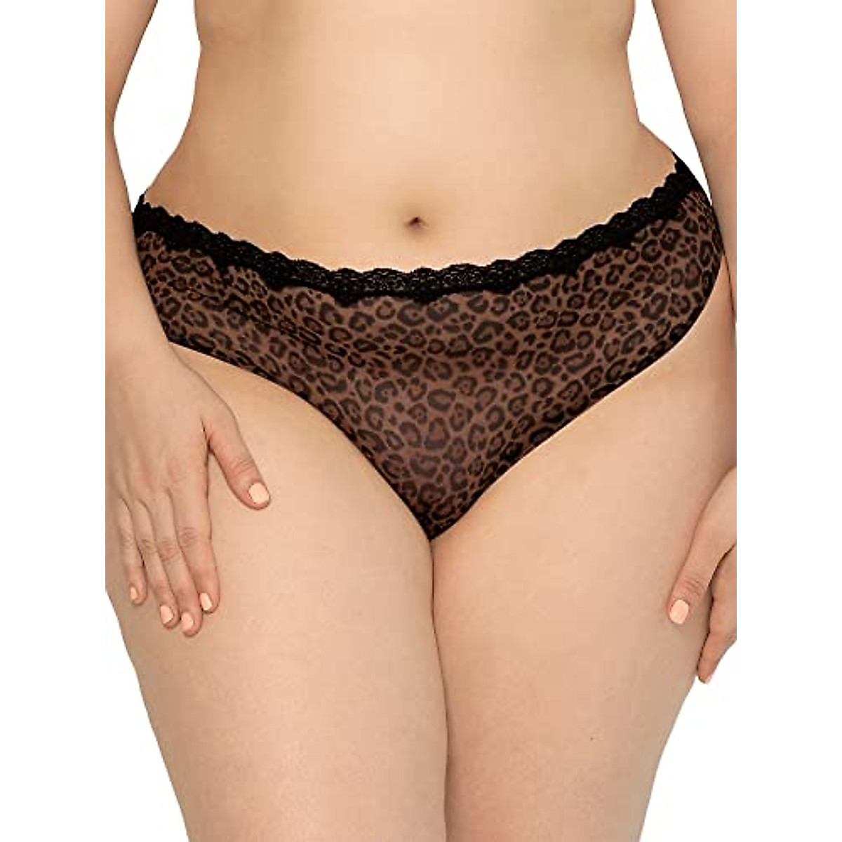 Smart & Sexy Women's Lace Trim & Mesh Panty 2 Packs Sexy Thongs & Cheeky Bikinis, Classic Leopard/Black Hue Thong, 6