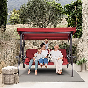 HOMREST 3 Seat Outdoor Porch Swing,Adjustable Canopy Porch Swings,Outdoor Swing with Stand, Patio Glider Chair with Thicken Cushions,Pillow & Cup Holder(Wine Red)