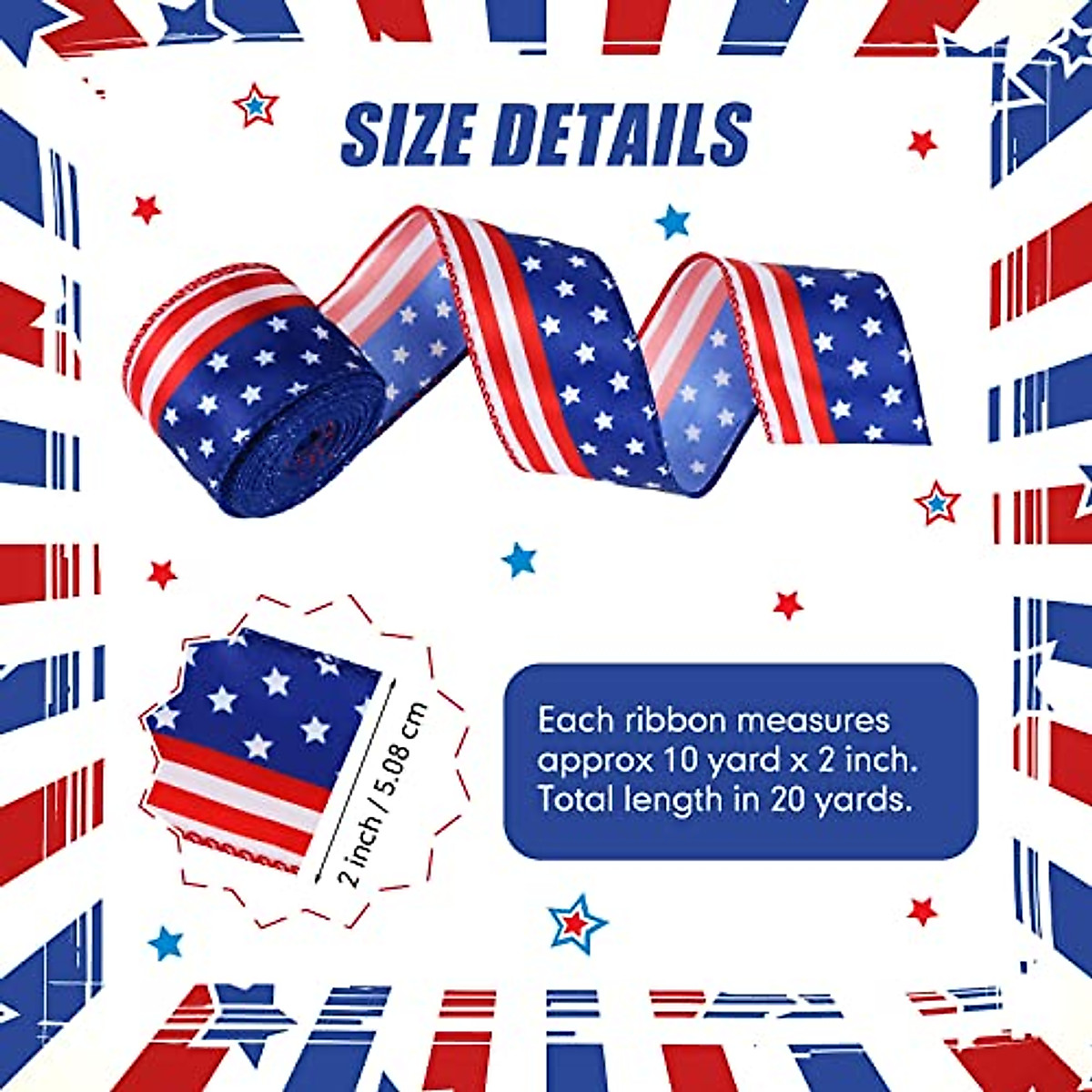 20 Yards 2 Rolls Stars and Stripes Wired Edge Ribbon Independence Day Red White and Blue Ribbon Patriotic American Flag Ribbon 4th of July Satin Ribbon for Memorial Day Party DIY Decor, 2 Inch Wide