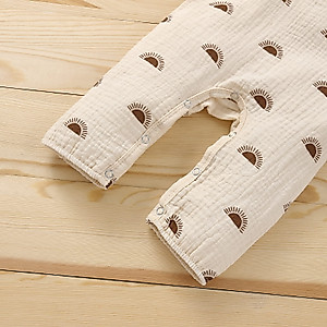 Kupretty Newborn Infant Baby Boy Cotton Linen Button Sun Print Romper Bodysuit One Piece Jumpsuit Playsuits Fall Outfits (Linen Beige, 0-3 Months)