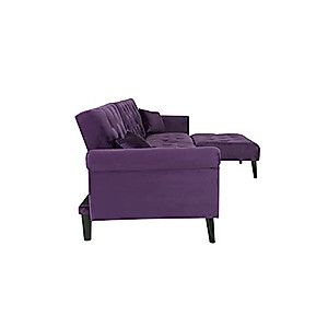 Velvet Convertible Sectional Sofa Bed Sleeper with Reversible Chaise and Pillows Comfy Velvet Fabric L-Shaped Reversible Reclining Sofa with 3 Seats and Pillows (Purple)