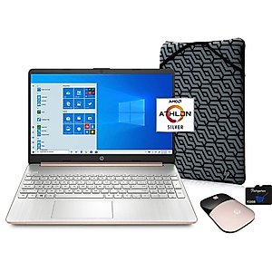 HP 2021 15.6" HD Laptop Computer, AMD Athlon Silver N3050U, 4GB RAM, 128GB SSD, HDMI, USB-C, WiFi, Webcam, Windows 10 S with Office 365 for 1 Year, Mouse, Sleeve + Fairywren Card (Rose Gold) (Renewed)
