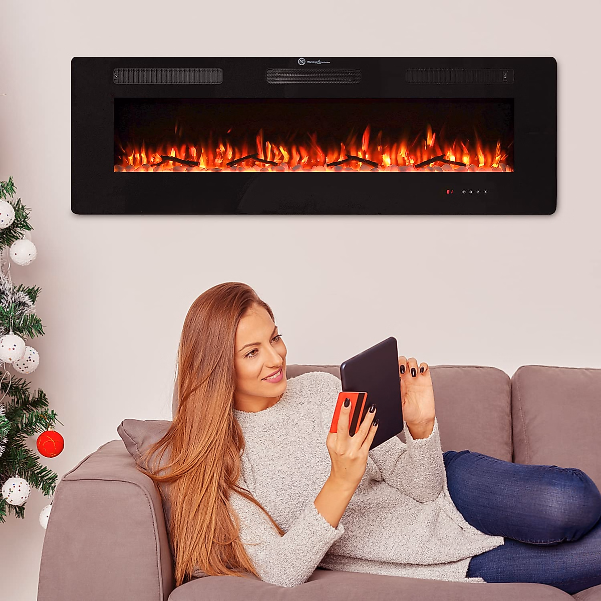60" Electric Fireplace, Cool to The Touch Fireplace Heater, Recessed and Wall Mounted Fireplaces with Timer Remote Control Adjustable Flame Color, Black