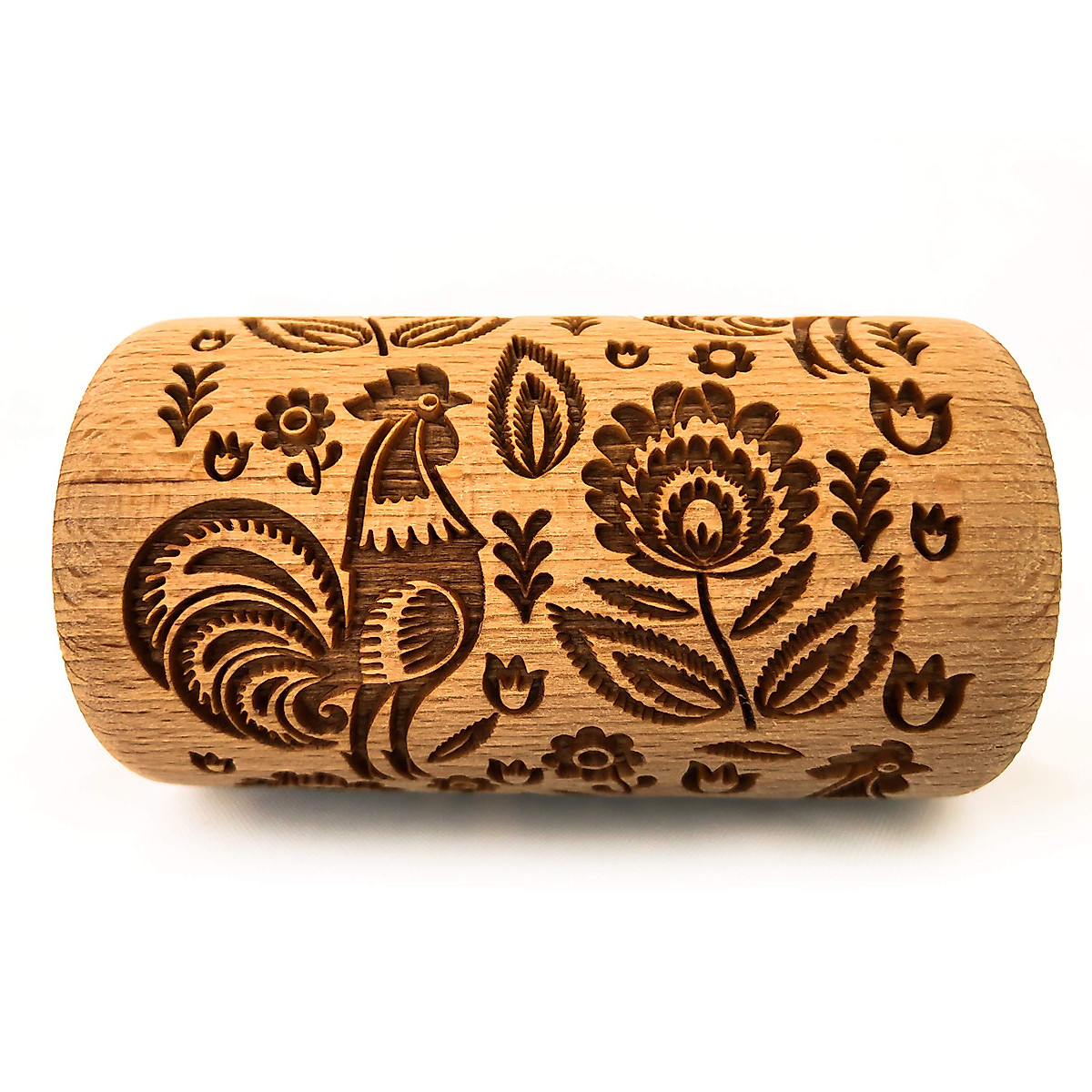 Engraved Mini Rolling Pin with Pattern for Embossed Cookies (FOLK ROOSTER)