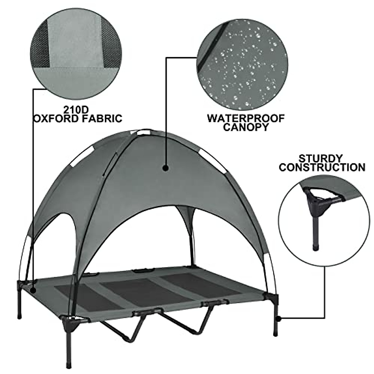 Outdoor Elevated Dog Bed with Removable Canopy, 48" XLarge Cooling Raised Pet Cot for Outdoor Camping, Waterproof Canopy, Durable Oxford Fabric, Portable Pet Bed (Large Gray)