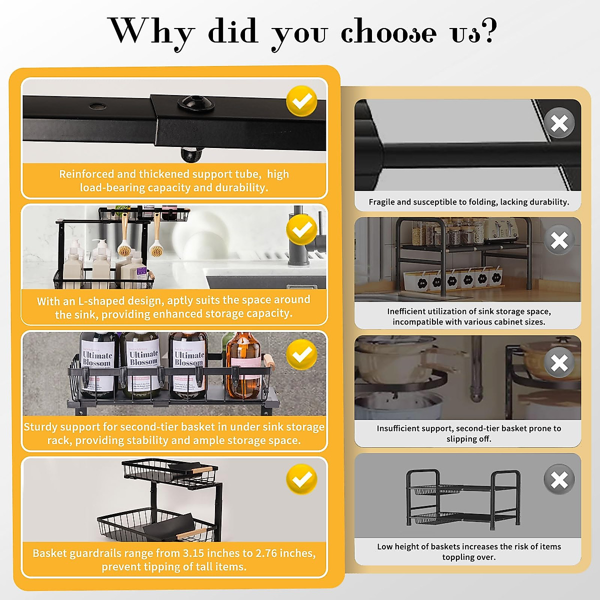 Under Sink Organizer and Storage, 2 Pack Adjustable Height Pull Out Cabinet Organizer Slide Out Sink Shelf Cabinet Storage Drawer with 8 Hooks, Under Sink Organizer for Kitchen Bathroom Cabinet