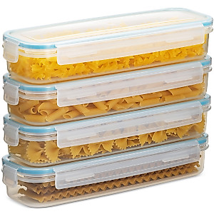 Komax Biokips Pasta Storage Containers Set of 4 – BPA-Free Rectangular Plastic Containers with Lids – Microwave & Dishwasher Safe Airtight Containers – Noodle, Pasta, & Spaghetti Container (33 oz)