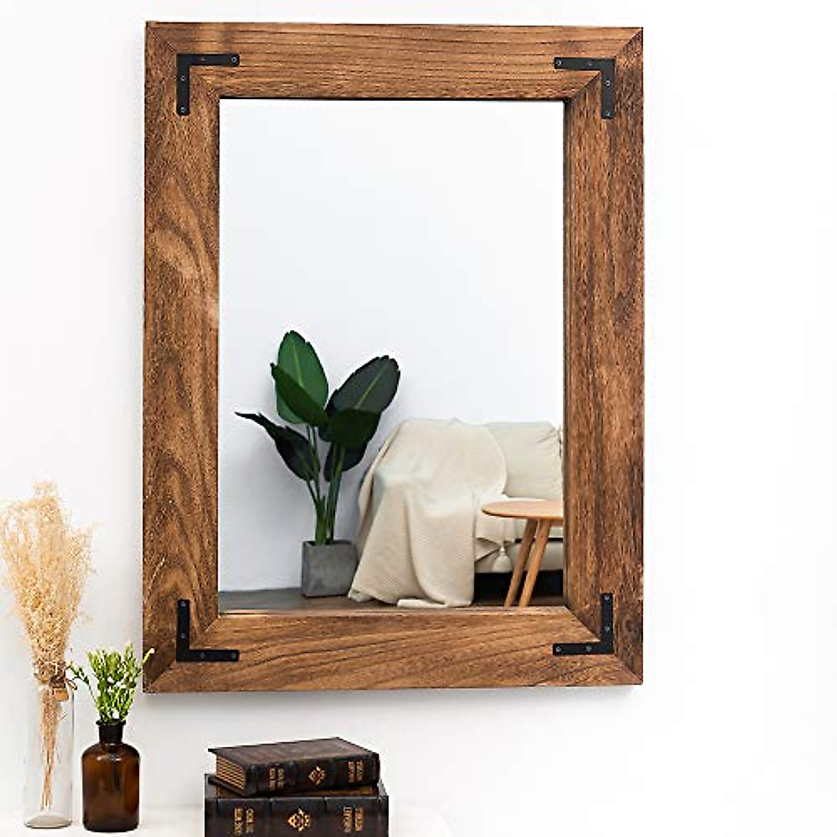 YOSHOOT Rustic Wooden Framed Wall Mirror, Natural Wood Bathroom Vanity Mirror for Farmhouse Decor, Vertical or Horizontal Hanging, 32" x 24", Brown