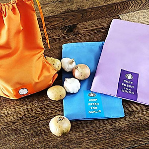 3 Vegetable Storage Bags - Onion/Potato/Garlic | Reusable produce or preserving onion bag, potato bag and garlic bag | Breathable lining to keep vegetables fresher for longer | From Jean Patrique