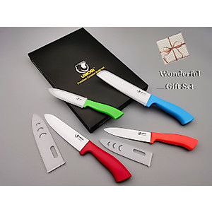 UMOGI Ceramic Kitchen Knife Set with Covers in Gift Box, Healthy Stain Resistant & Non-Rust, Dishwasher Safe - Colorful Knife Set Include Chef, Serrated Bread, Utility & Paring Knife