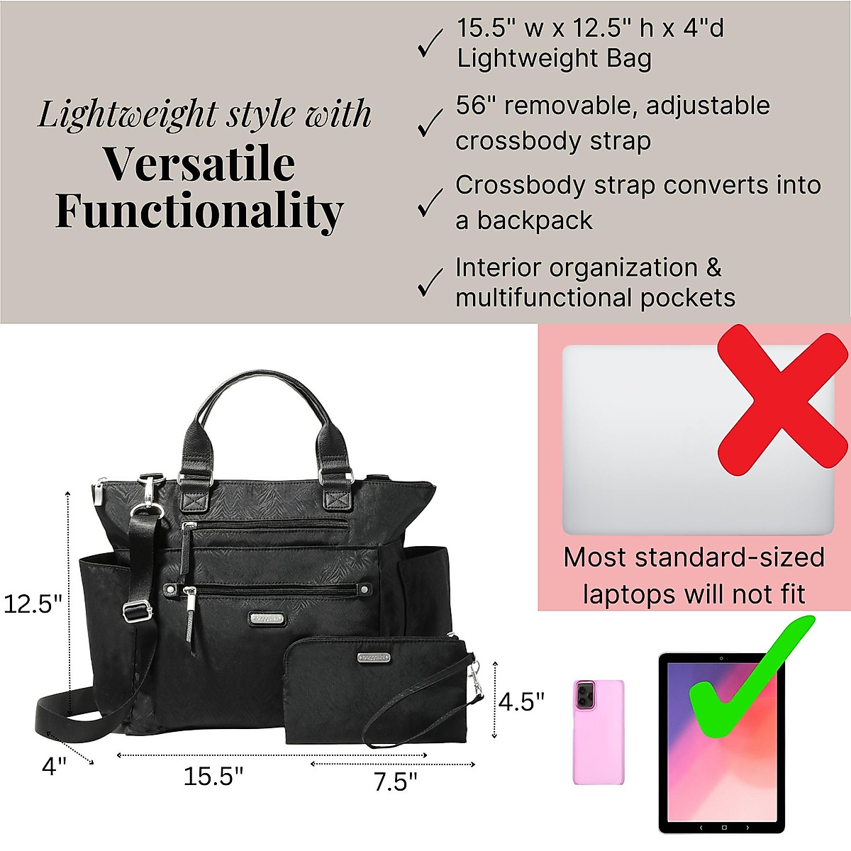 Baggallini 3-In-1 Convertible Backpack with RFID Phone Wristlet Black Zebra