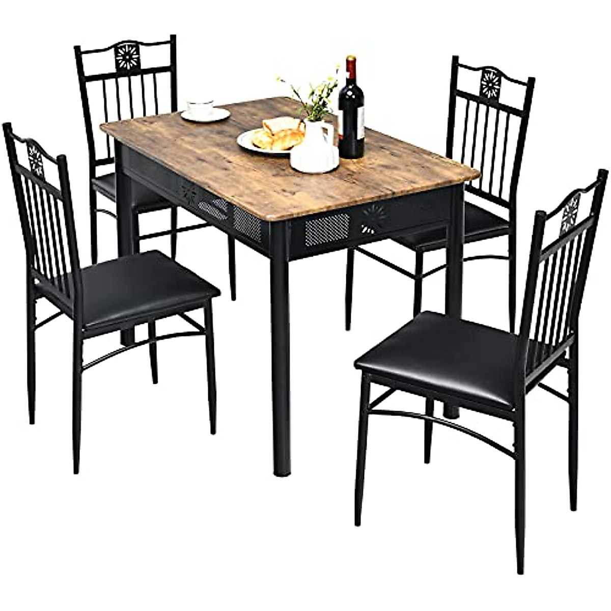 Tangkula 5 Pieces Dining Table and Chairs Set, Vintage Retro Wood Top Metal Frame Padded Seat Dining Table Set Home Kitchen Dining Room Furniture