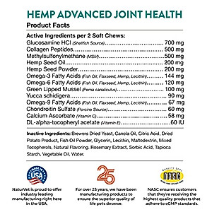 NaturVet Hemp Advanced Joint Health Dog Supplement Soft Chews –Helps Support Joint Health in Dogs – Includes Hemp Seed, Collagen, Glucosamine, MSM, Chondroitin, Omegas – 120 Ct.