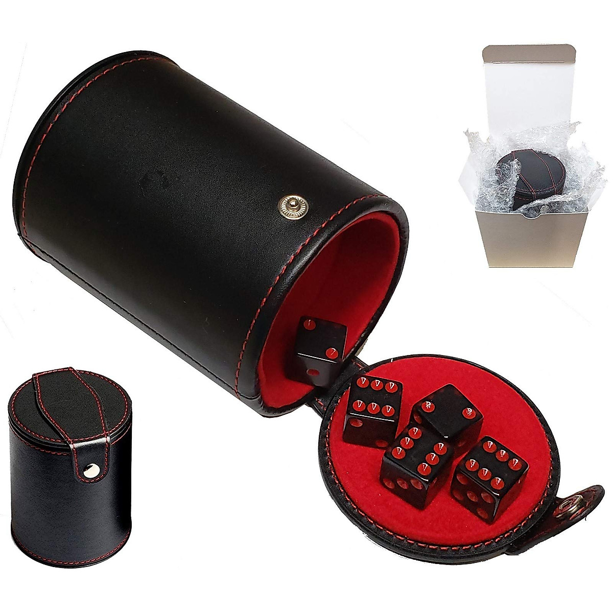 Set of Dice Cup with Storage Compartment Black PU Leather Red Felt Lined + (5) 16mm Tranparent Dice (Gift Boxed) (Smoke/Red)