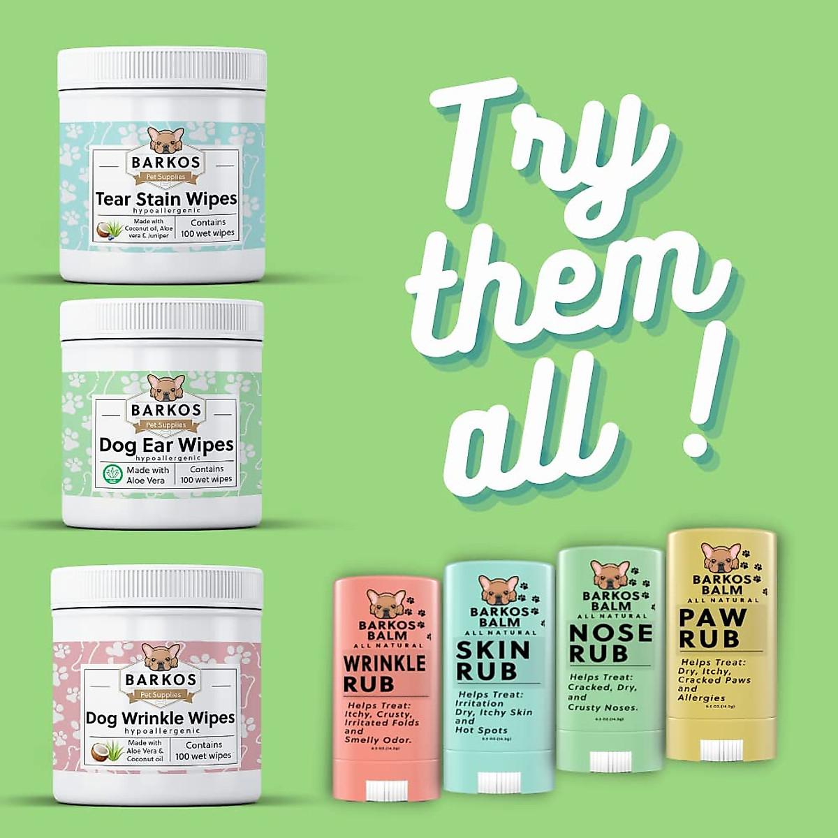 Dog Ear Cleaner Wipes + Nose Balm for Dogs | Bulldog, French Bulldog, Pug, English Bulldog, Cleans & Soothes Ears, Wrinkles, Folds, Tear Stain, Infection Treatment Cleaning + Snout Soother by Barkos