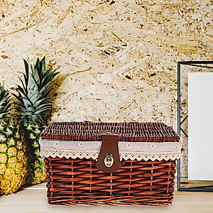 Zerodeko Rattan Storage Box Baskets with Lids Rattan Storage Baskets Rectangular Storage Bin Wicker Laundry Hamper Stair Basket Desk Organizer Baskets Seaweed Wooden Shelf Basket