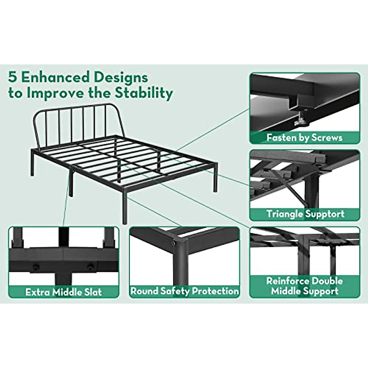 WOHOMO Queen Bed Frame with Hug Me Detachable Headboard, Platform Bed Frame Queen Size with Round Corner 15.75 inch Hight Anti Slip Support, Metal Slat Support, Not Squeak, No Box Spring Needed, Black