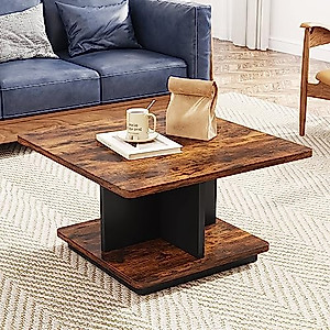 Tribesigns Wood Square Coffee Table: 31.5 Inches 2 Tiers Farmhouse Coffee Table, Wooden Rustic Coffee Table with Storage, Mid Centry Modern Home Furniture for Living Room, Brown
