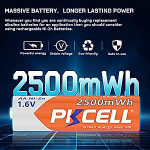 PKCELL Rechargeable AA Batteries NiZn Double A 1.6V 2500mWh Battery- 4Count for Thermometer Cameras Power