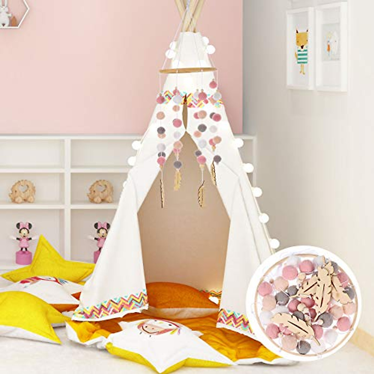 BESPORTBLE Mobile Wooden Further Pompom Ball Wind Chime Bed Bell Nursery Mobile Crib Ceiling Wooden Beads Wind Chime
