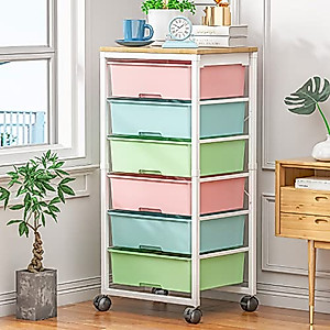 TOOLF Rolling Storage Cart with 6 Drawers, Wooden Tabletop, Easy Movement, Large Capacity, Durable Construction & Colorful Style in White Bar