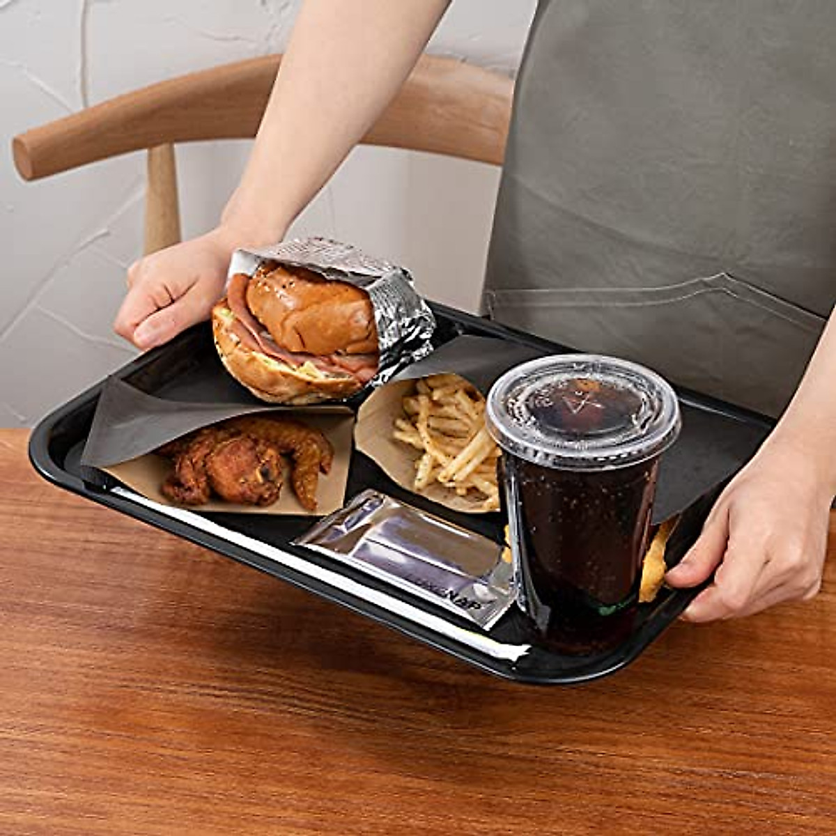 Restaurantware 12 x 16 Inch Fast Food Trays 10 Rectangle Plastic Serving Trays - Dishwashable Textured Black Plastic Cafeteria Trays For Meals And Glassware