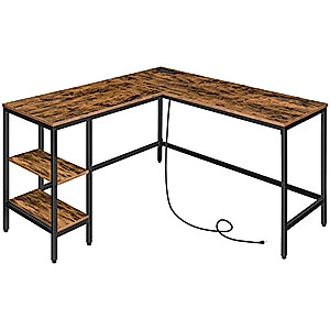 HOOBRO L Shaped Computer Desk with Charging Station, Industrial Corner Writing Desk with Adjustable Shelves, Study Workstation for Home Office, Stable and Space-Saving Rustic Brown and Black BF35UDN01