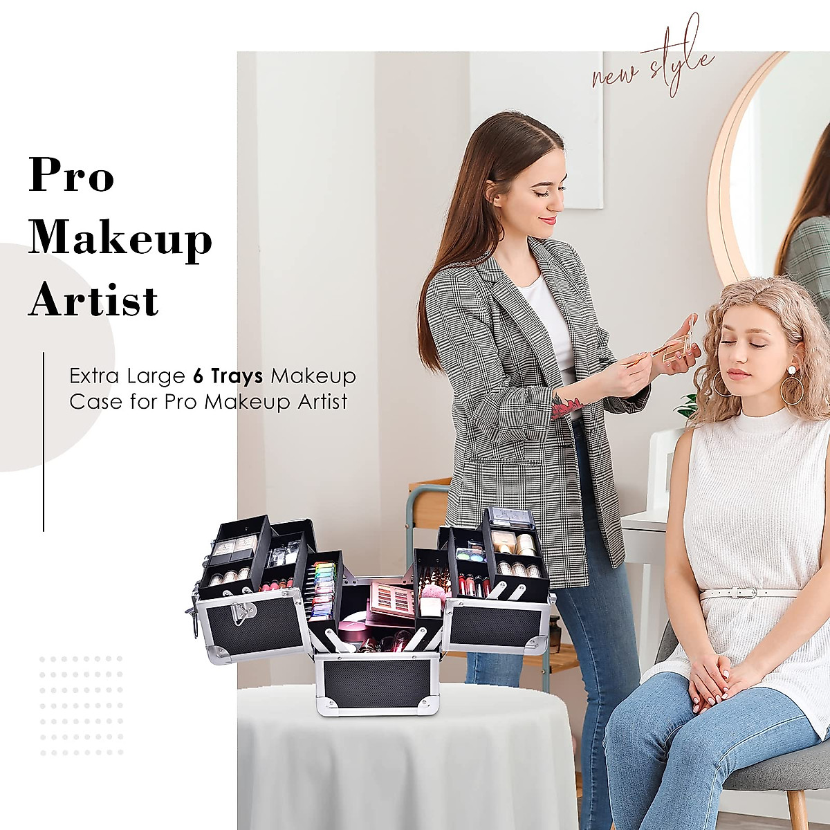 FRENESSA Makeup Train Case Large Cosmetic Box 6 Tier Trays with Compartments Professional Makeup Box Jewelry Storage Organizer Case Adjustable Bottom with Shoulder Strap - Black