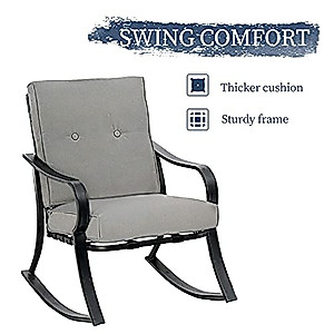 Oakmont Outdoor Furniture 3 Piece Conversation Bistro Set Rocking Chairs and Glass Top Table, Thick Cushions, Black Steel (Grey)