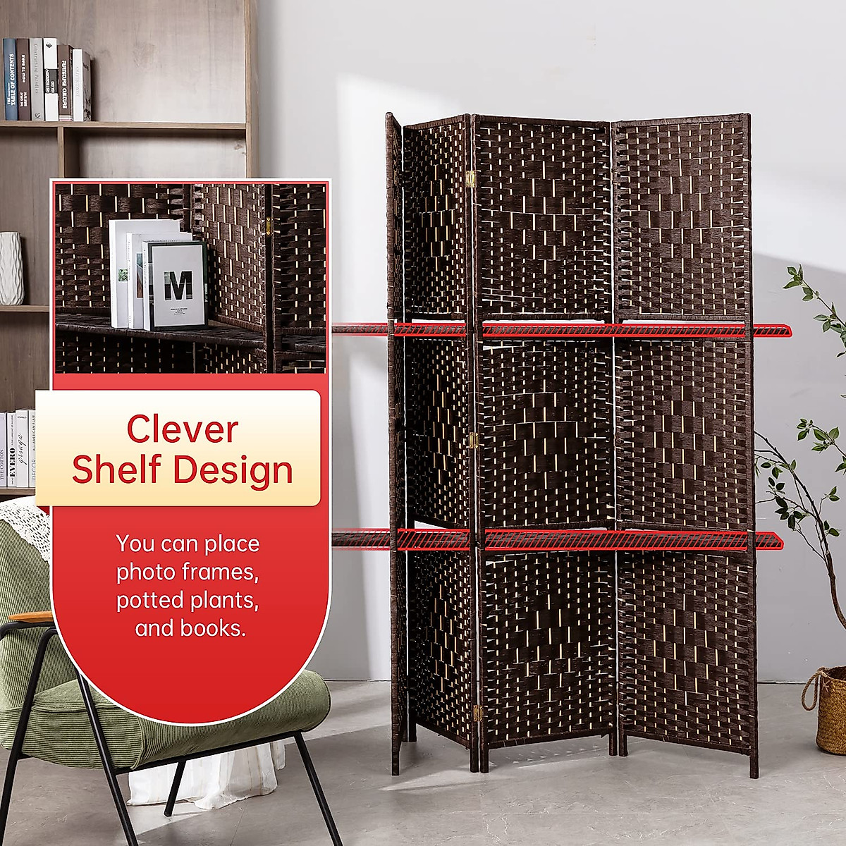 Room Divider 4 Panels Wood Frame Foldable Portable Separator Screen Folding Wall Dividers with Removable Storage Shelves for Home Living Room,Brown