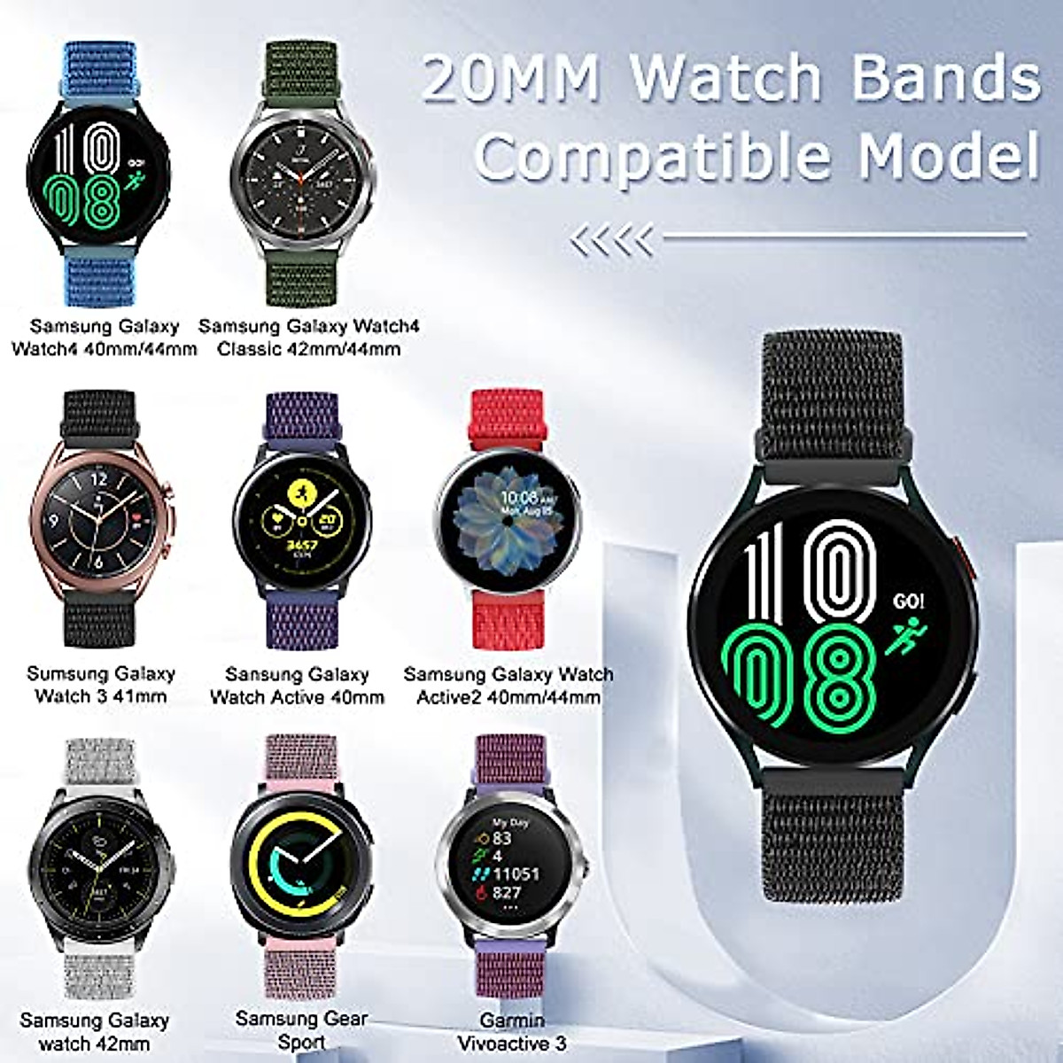 AVOD 20mm Nylon Sport Quick Release Bands Compatible with Samsung Galaxy Watch 5/4 40mm 44mm/Galaxy Watch 5 Pro/Galaxy Watch 42mm Bands/Active2 44mm 40mm/Garmin vivoactive3/Forerunner 645