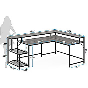 Tribesigns 69 Inch L Shaped Desk with Monitor Stand, Large Reversible Corner Desk with Storage Shelf, Industrial Computer Table Writing Desk for Home Office, Gray
