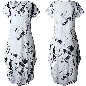 Sdeycui Women Fashion O-Neck Gradient Printing Short Sleeve Casual Slit Long Dresses(Black, XXL)