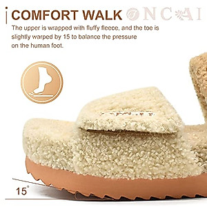 ONCAI Womens Open Toe Platform Slippers,Fluffy Arch Support Sherpa Slides,Faux Fur Sandals with Memory Foam Footbed and Adjustable Strap Beige US Size 9