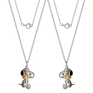 PEANUTS Snoopy Womens Friends Forever Woodstock and Snoopy Pendant Necklaces 2-Piece Set - Sterling Silver Matching Snoopy Necklaces 18" - Officially Licensed