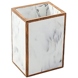 MyGift 4 Piece Marbled Design White and Black Resin Bathroom Countertop Accessories Set with Decorative Wood Trim Includes Pump Lotion Dispenser, Tumbler, Toothbrush Holder and Soap Dish